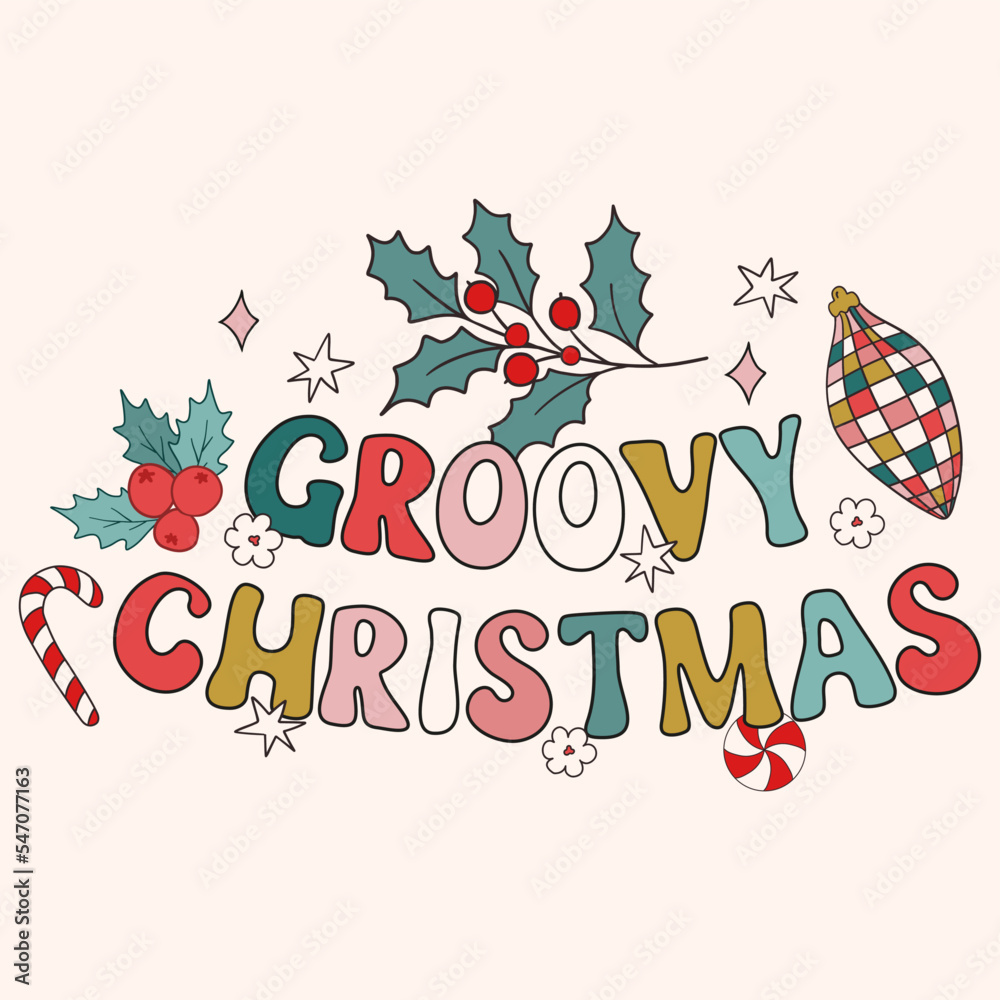 Retro Groovy Hippie Christmas hand drawn greeting card clipart ...