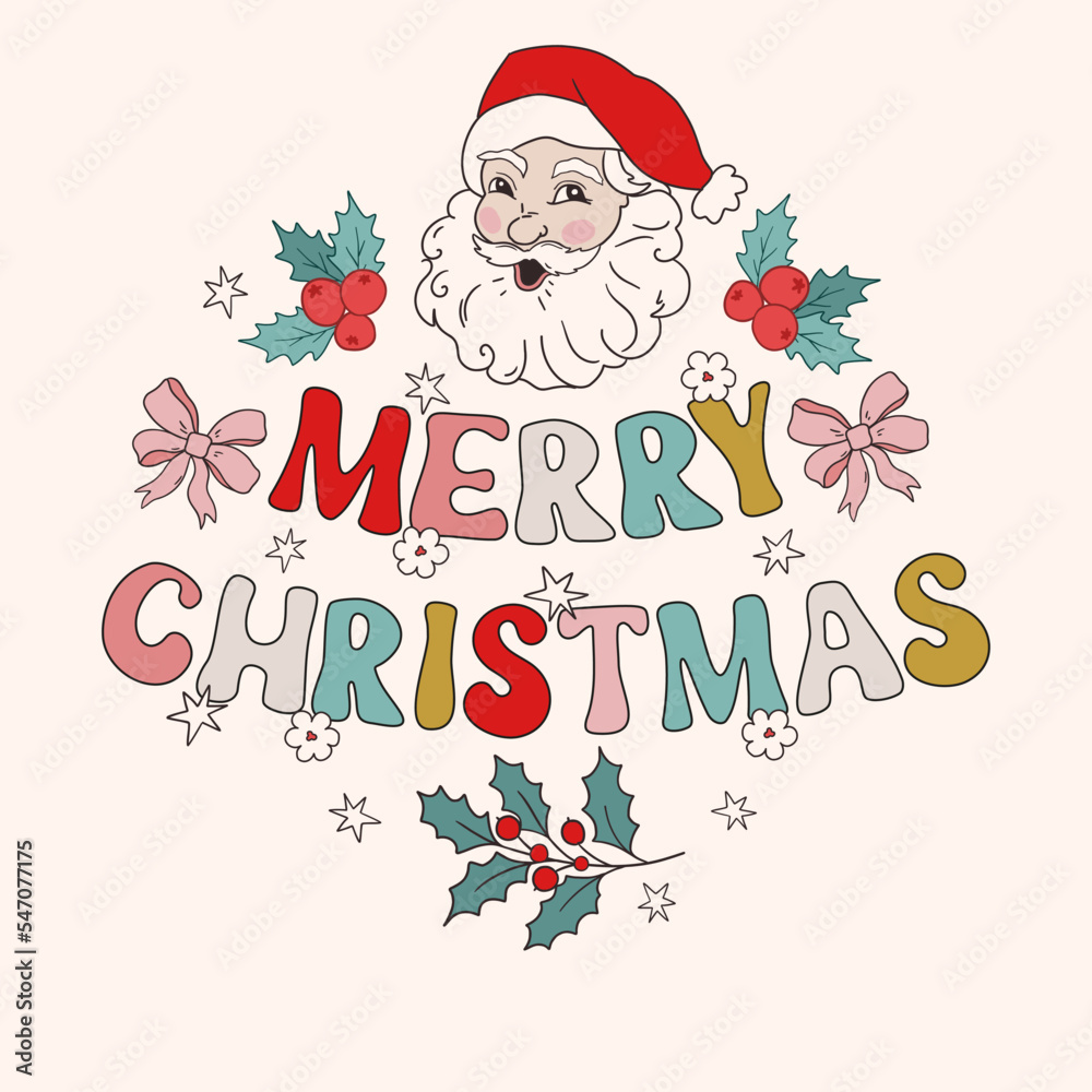 Retro Groovy Hippie Christmas hand drawn greeting card clipart ...