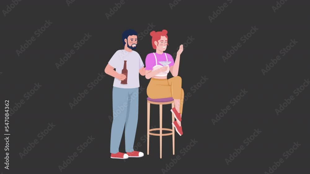 Animated party guests characters. Man and woman with drinks. Full body ...