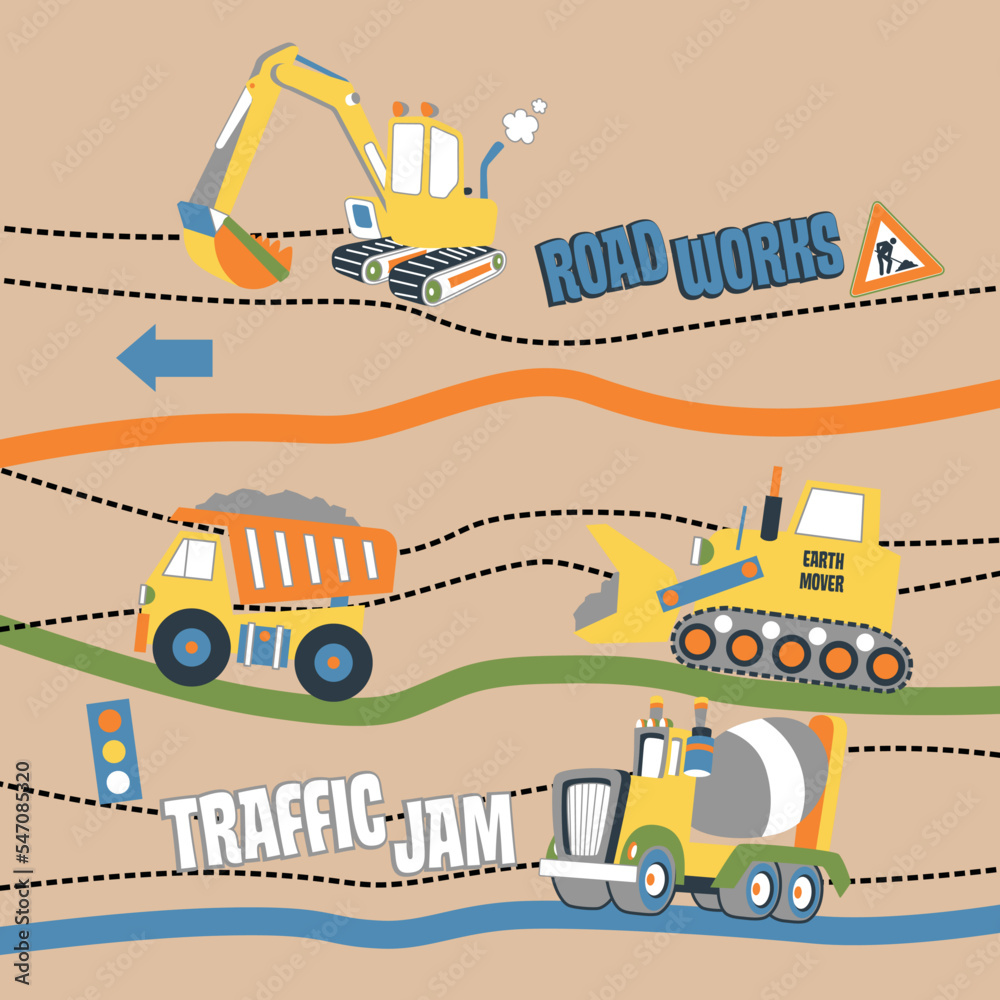 vector cartoon illustration of construction vehicles Stock Vector ...