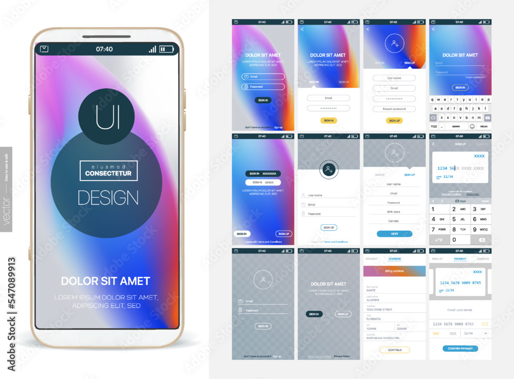 Mobile app design, UI, UX, GUI Mockups Set. Enter login and password ...