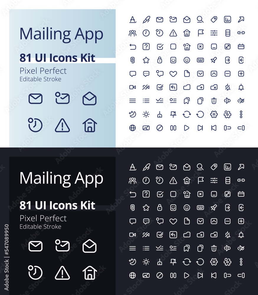 Mailing app pixel perfect linear ui icons kit for dark, light mode ...