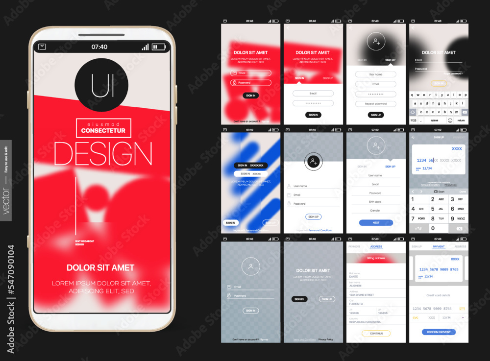 Mobile app design, UI, UX, GUI Mockups Set. Enter login and password ...