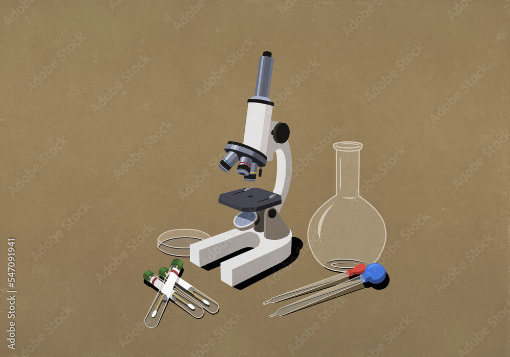Science microscope, beaker, pipettes, and test tubes Stock Illustration ...