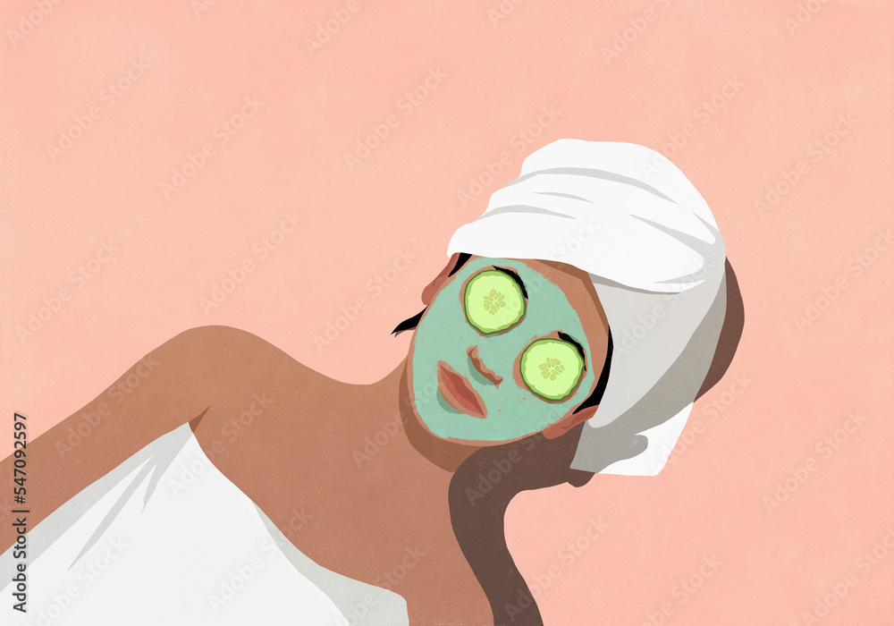 Woman relaxing, enjoying spa facial with cucumbers Stock Illustration ...