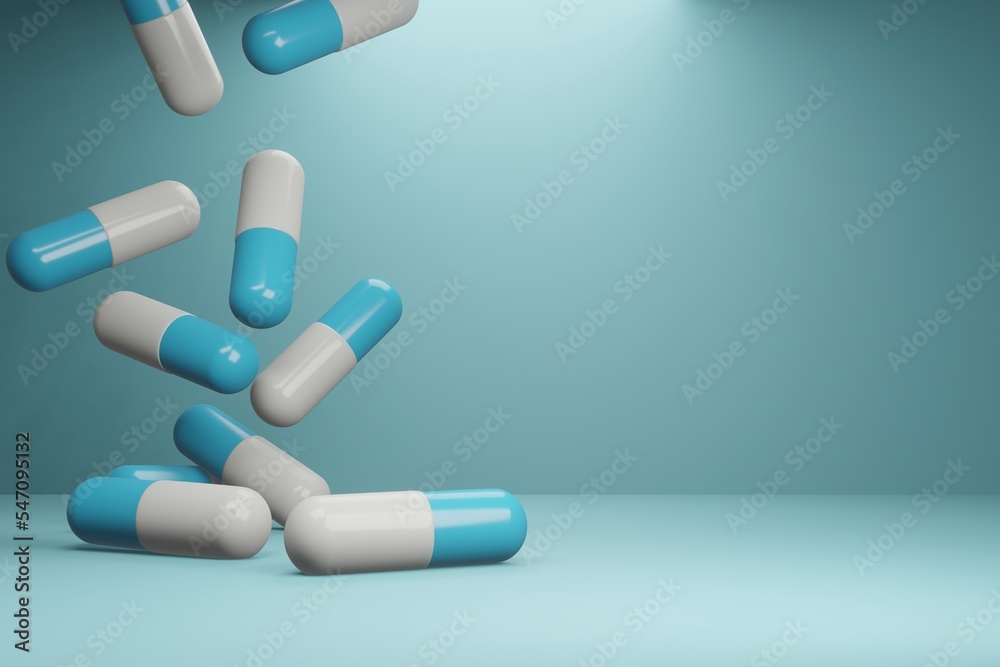 soft blue and white medicine capsules falling on white background, 3D ...