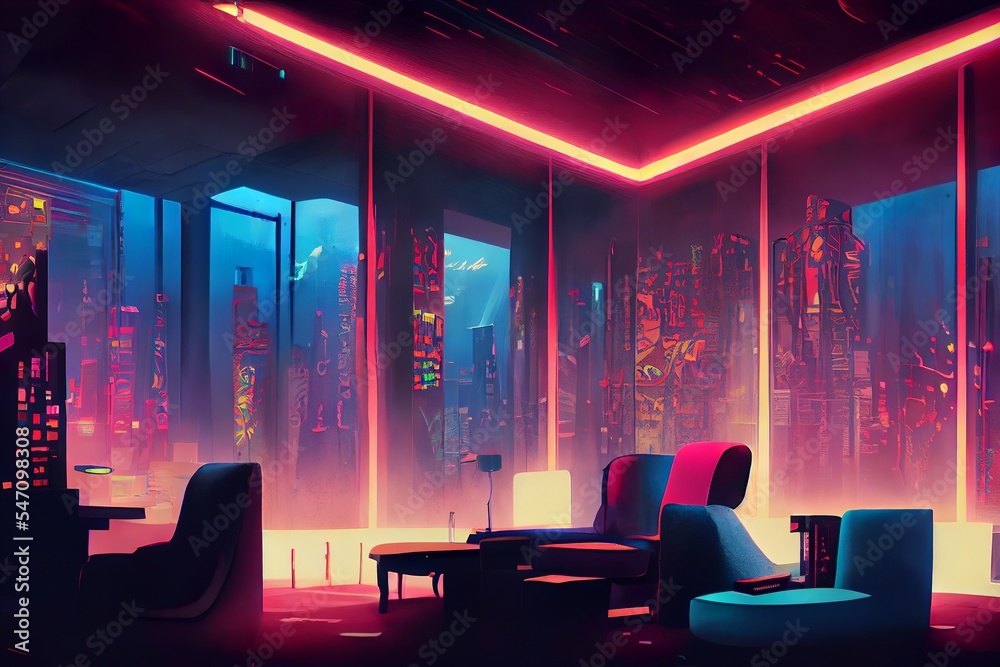Futuristic cyberpunk and synthwave living room interior with view ...