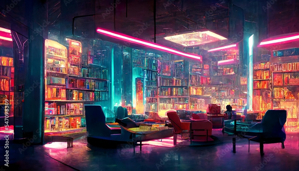Futuristic cyberpunk library interior design with neon lights ...