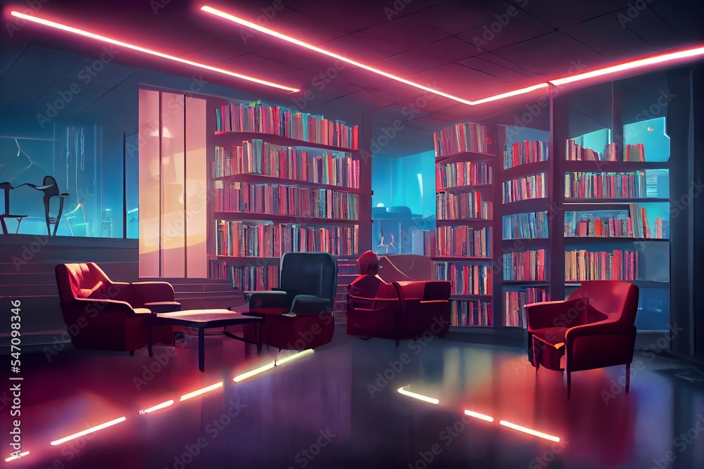 Futuristic cyberpunk library interior design with neon lights ...