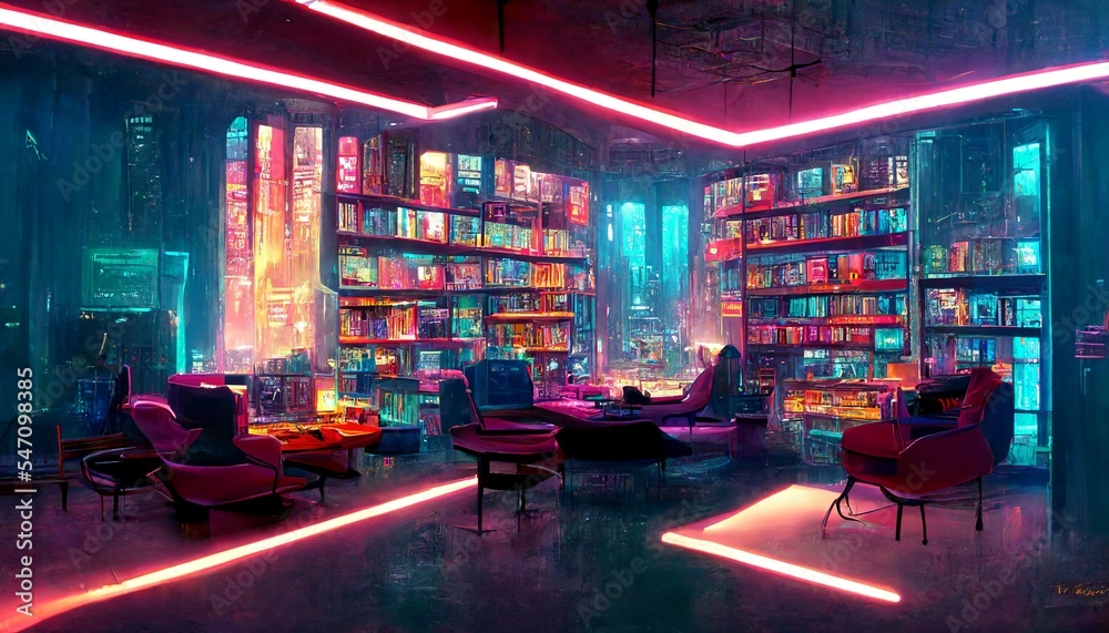 Cyberpunk library interior design with neon lights illustration Stock ...