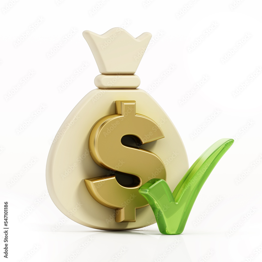 Dollar sign inside sack icon and green check mark isolated on white ...