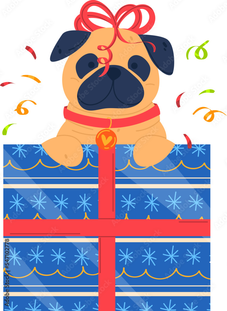 Small christmas dog in gift box for sale or celbrate card poster design ...