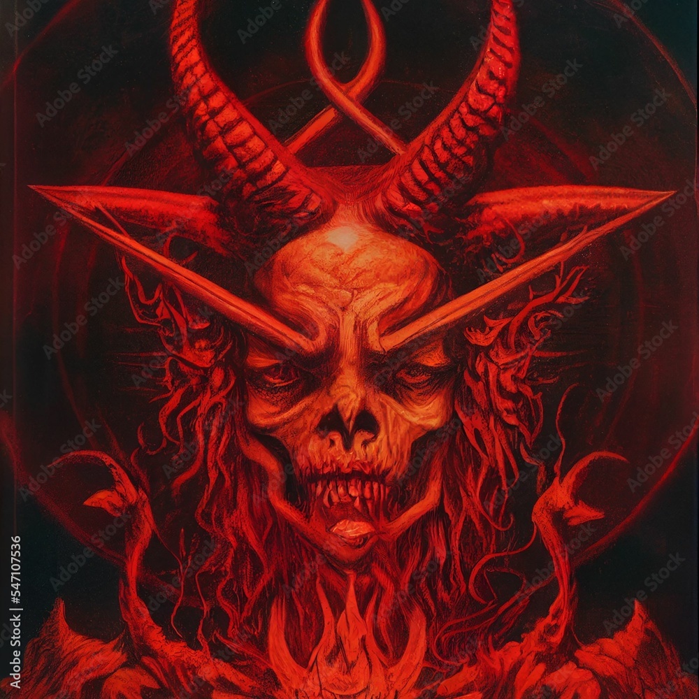 3D rendering illustration of a red symbol of devil on a black screen ...