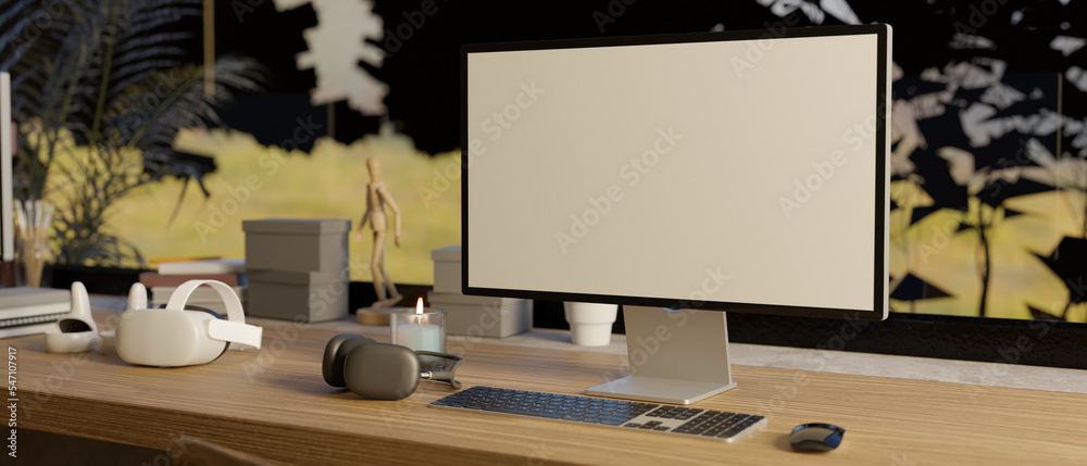 Modern workspace against the window with PC desktop computer mockup on ...