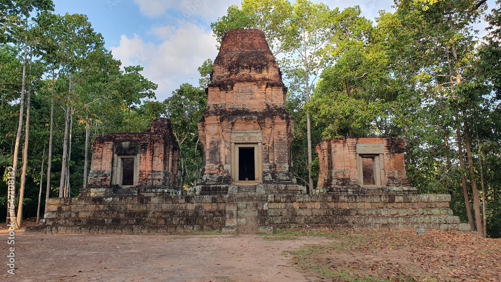 Cambodia. Prasat Bei is a temple with three brick towers in a north ...