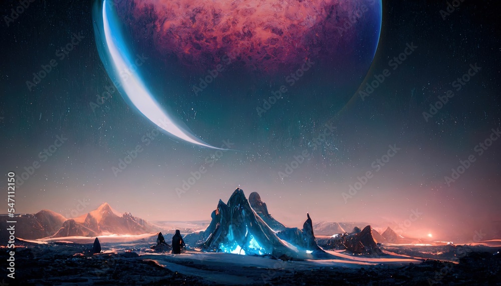 Alien planet with frozen ice rocks under the night sky with giant ...