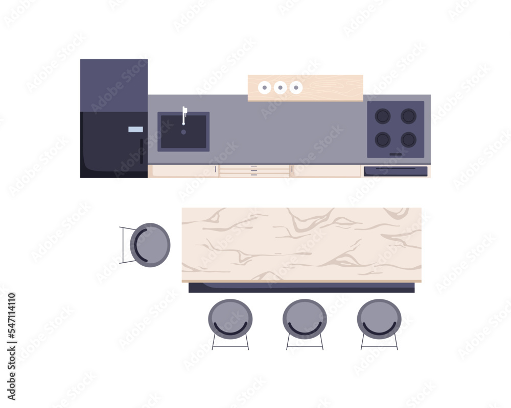 Kitchen set and island top view. Furniture in room overhead, dining ...