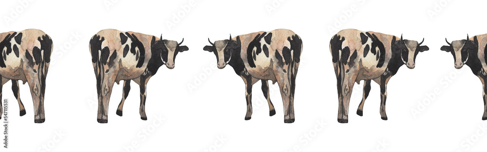 Cow border.Farm.Watercolor border on white background.Natural hand ...