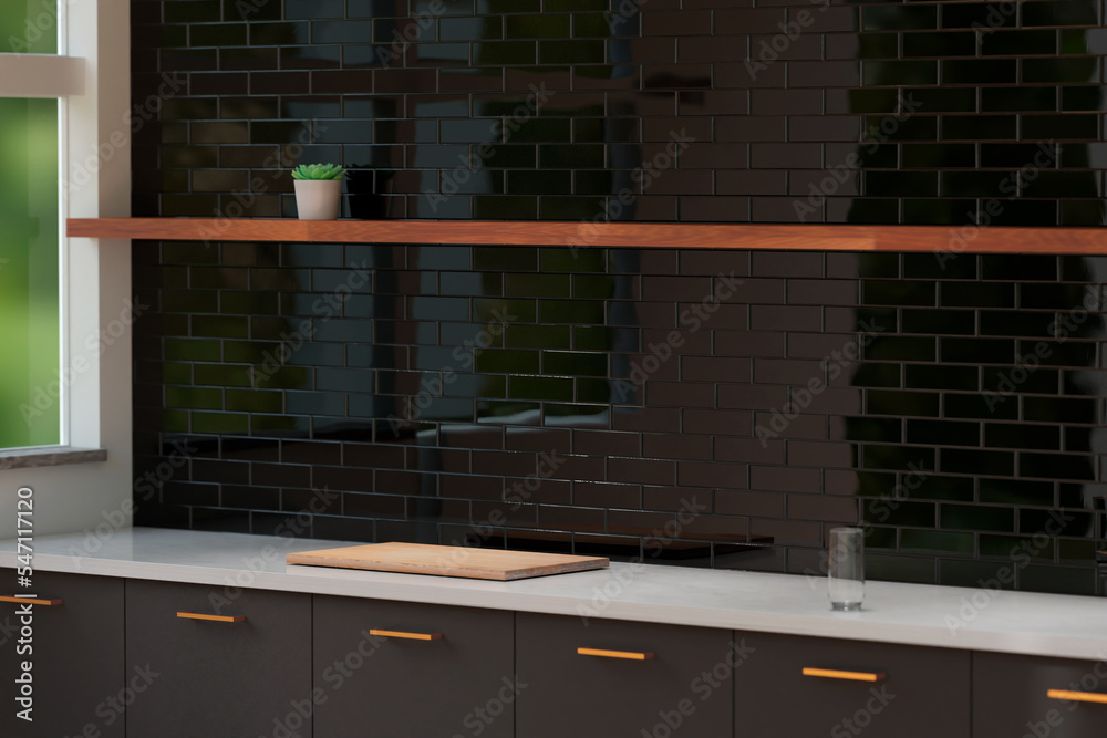 Shiny black, white and wood themed kitchen counter. Black tile, marble ...