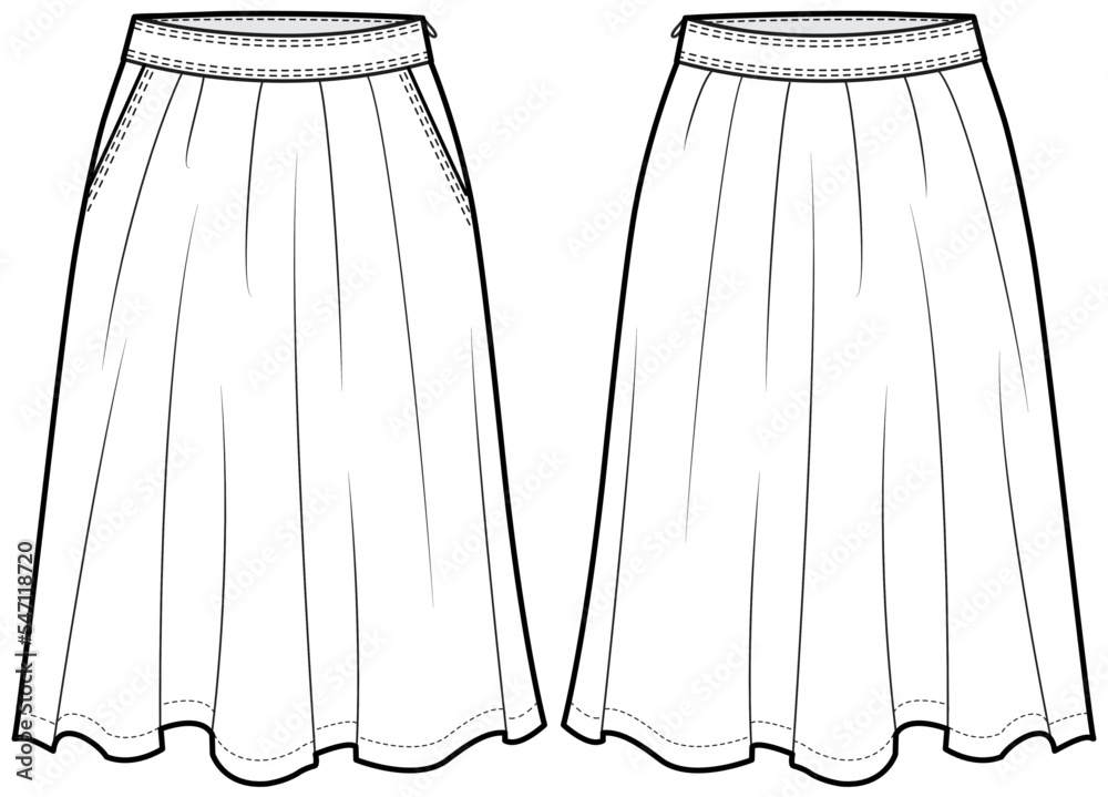 womens midi skirt flat sketch vector illustration front and back view ...