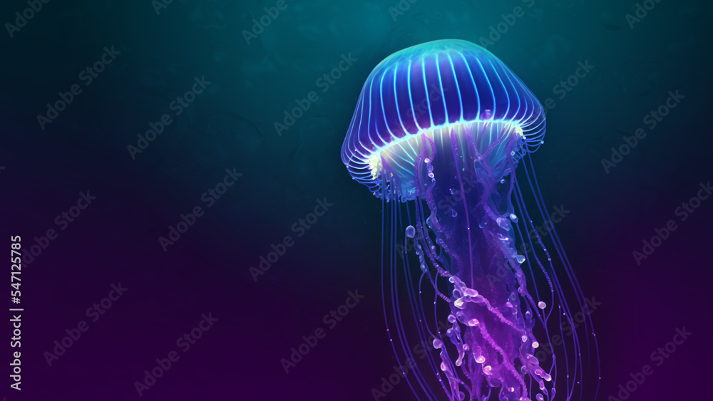 exceptionally rare jellyfish, luminous deep sea creature, blue glowing ...