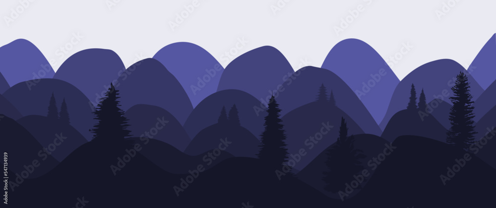 Vector landscape illustration of hill layers landscape with trees ...