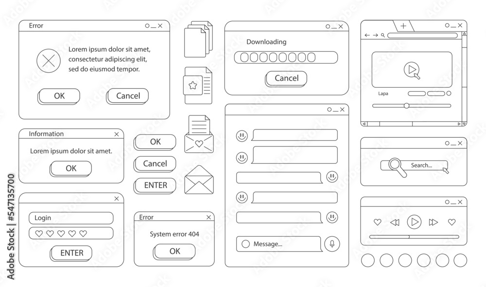 Set of retro stickers. Doodle style. Old desktop user interface ...