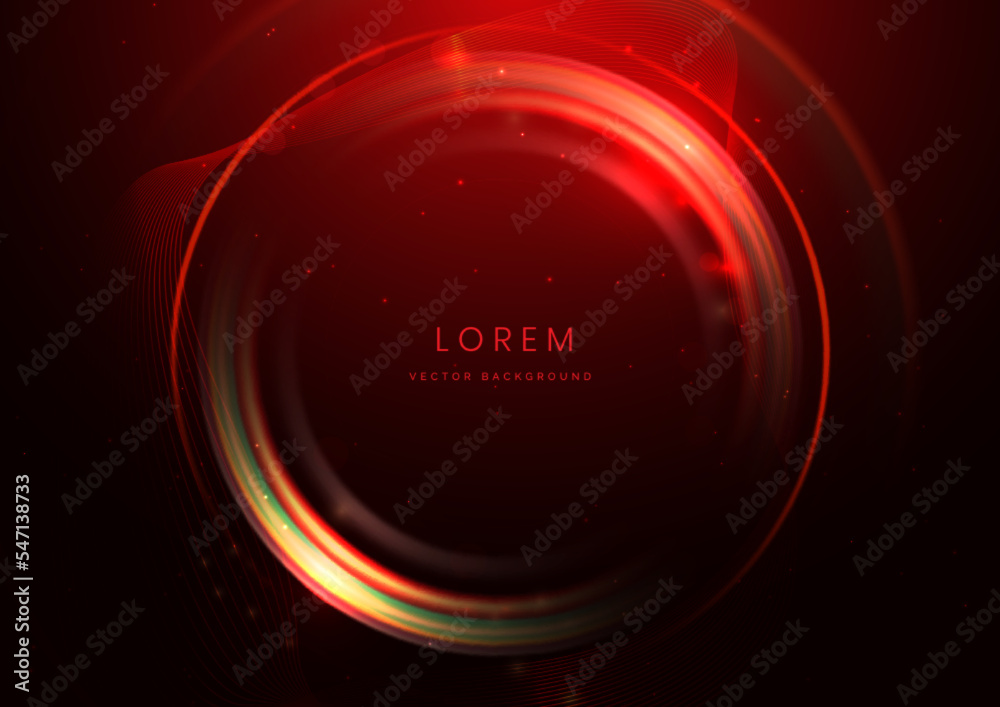 Abstract technology futuristic neon circle glowing red light lines with speed motion blur effect ...