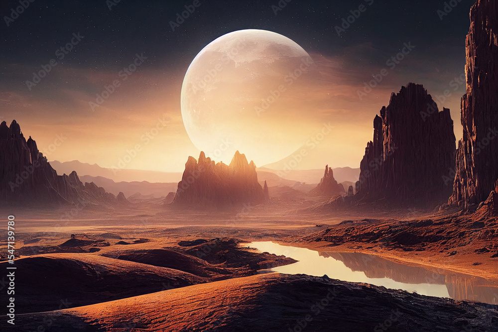 an alien planet landscape with a giant moon in the distance digital art ...