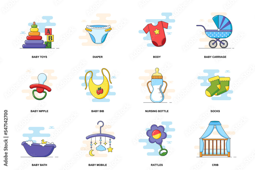 Baby elements web concept stroke flat line icons isolated set. Kid ...