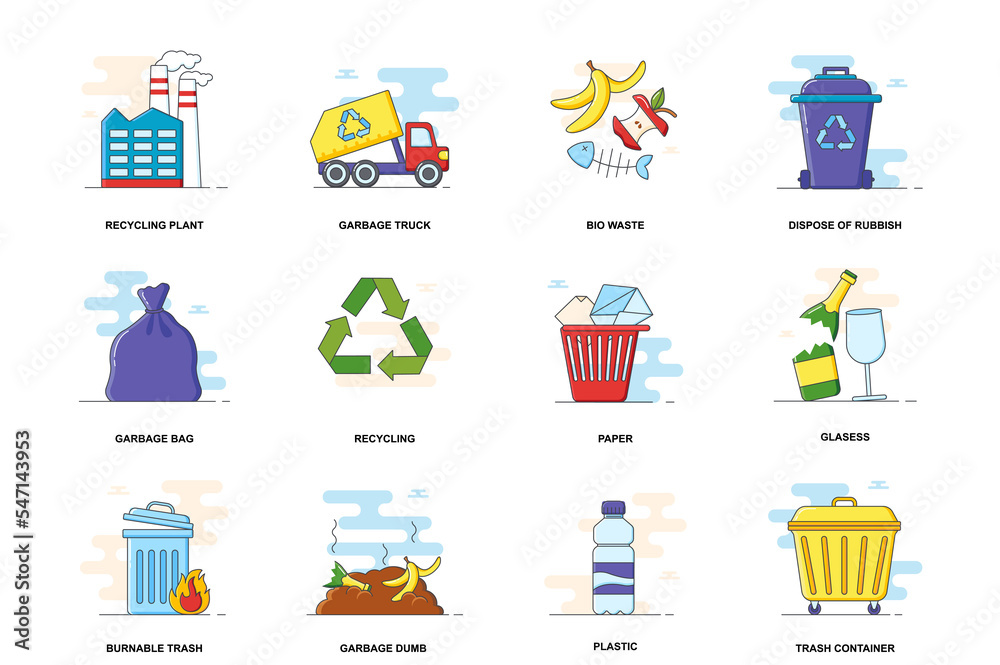 Waste management concept stroke flat line icons isolated set. Sorting ...