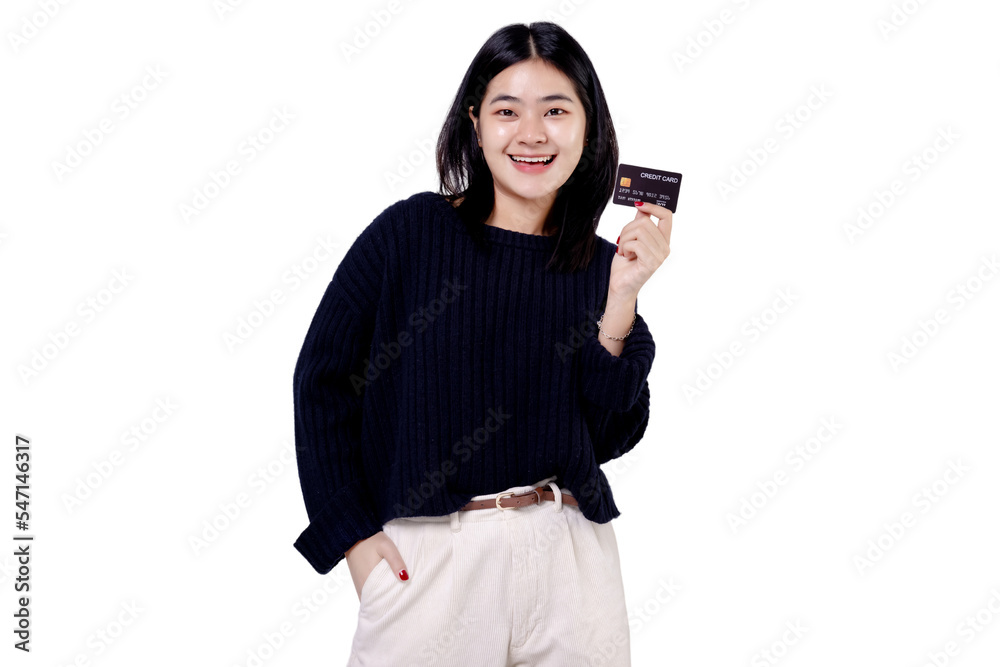 Portrait of a Young modern Asian woman showing credit card isolated on ...