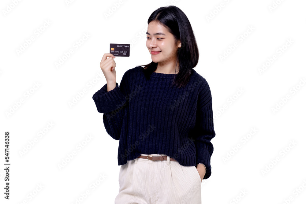 Portrait of a Young modern Asian woman showing credit card isolated on ...