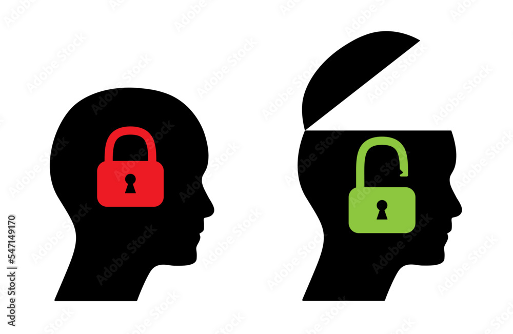 Businessman head with open mind, padlock vector design. Idea concept ...