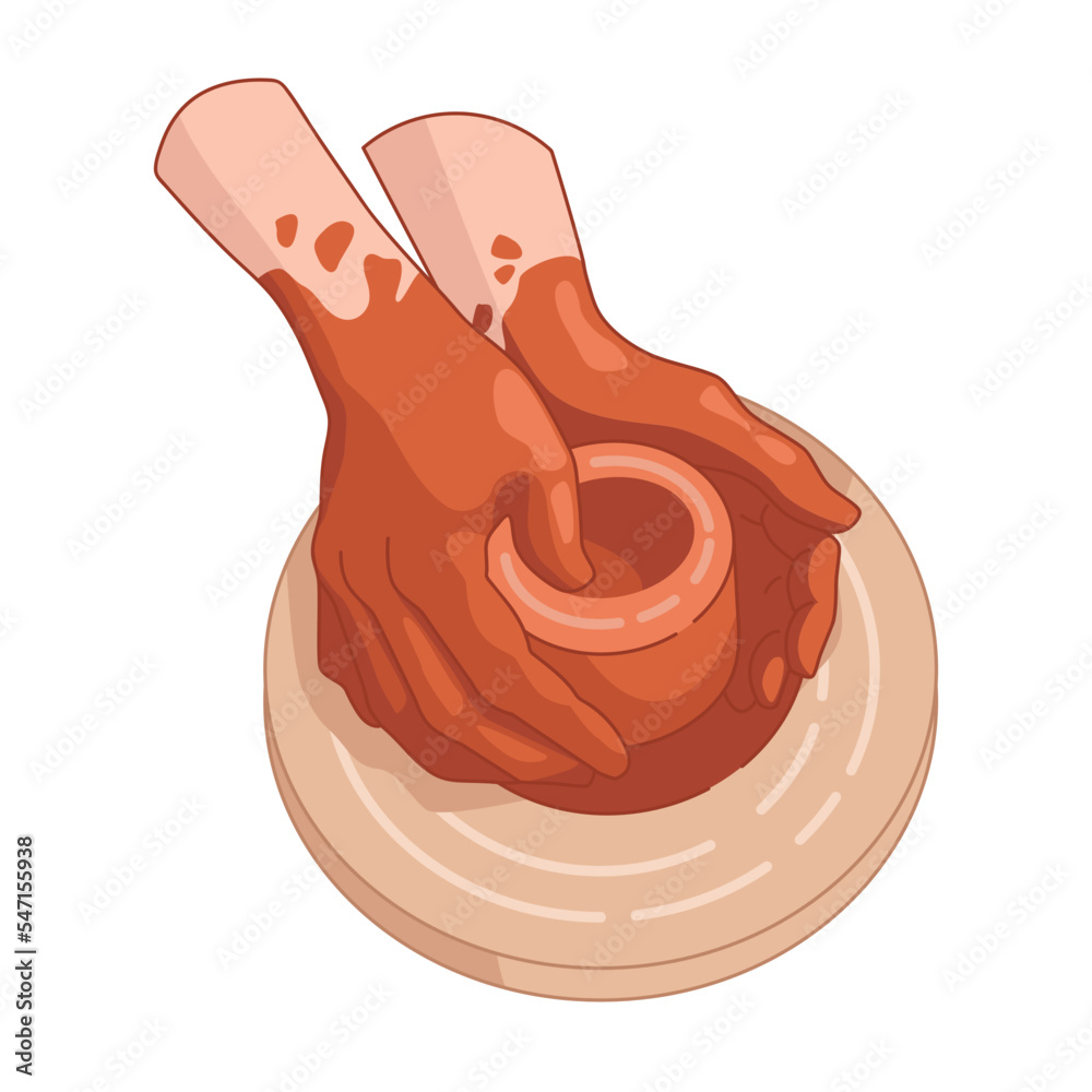 Work by hand on potters wheel with red clay. Formation of pottery ...