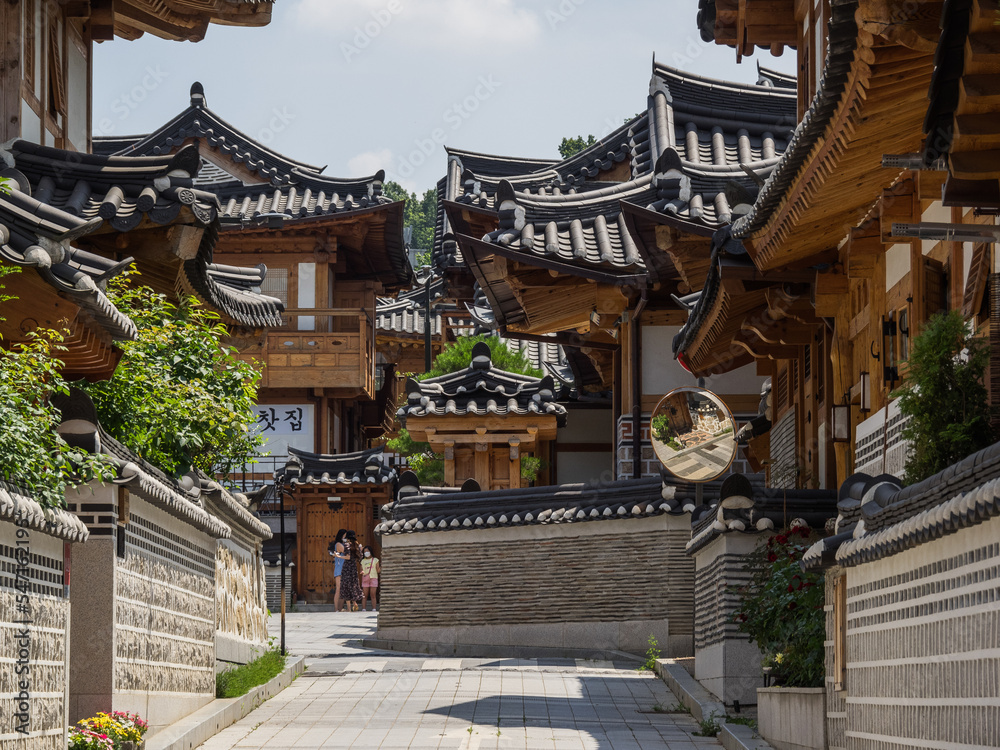 The street view of Eunpyeong Hanok Village with traditional Korean ...