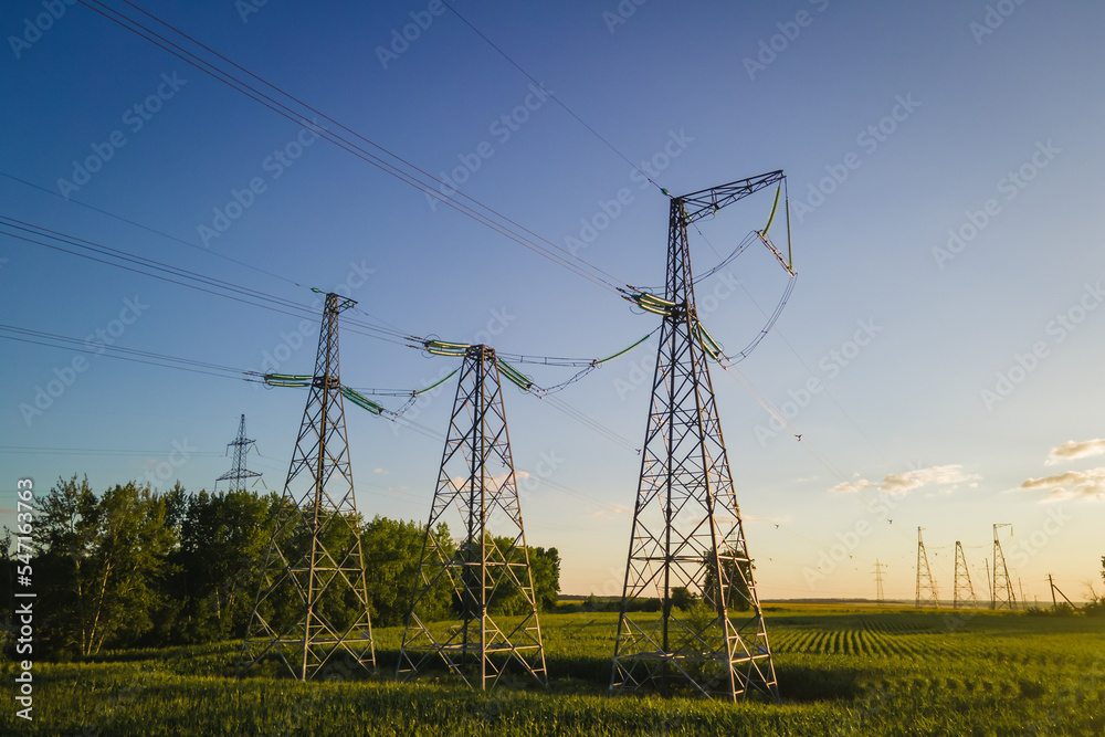 High voltage power line on industrial electricity line tower for ...