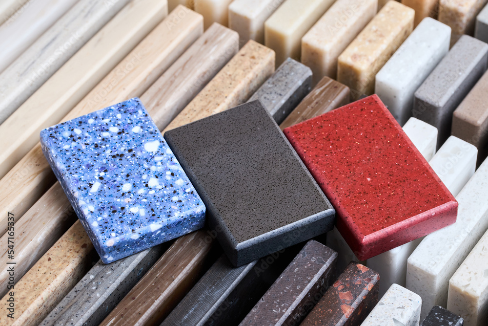 Porcelain three stoneware artificial stone square samples laid on ...