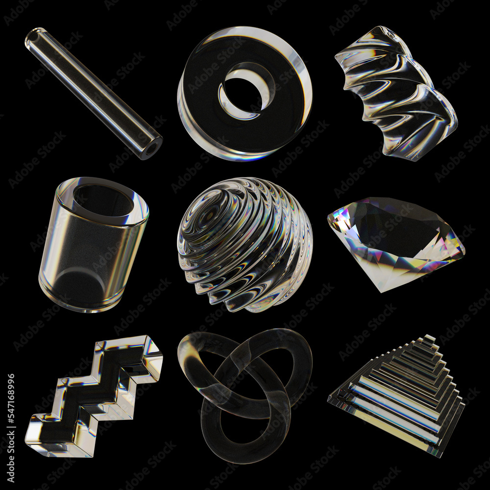 Set of dispersion glass 3d shapes and elements. 3d render illustration ...