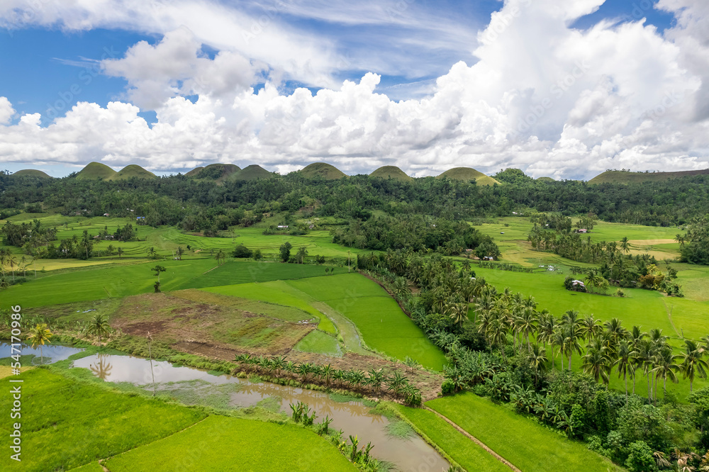 Scenic farmland with the iconic Chocolate Hills in the background ...