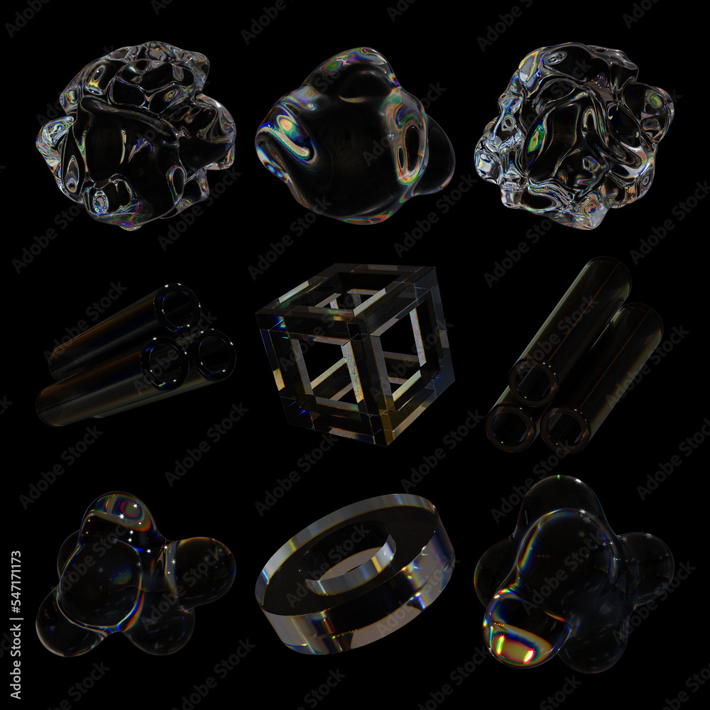 Set of dispersion glass 3d shapes and elements. 3d render illustration ...
