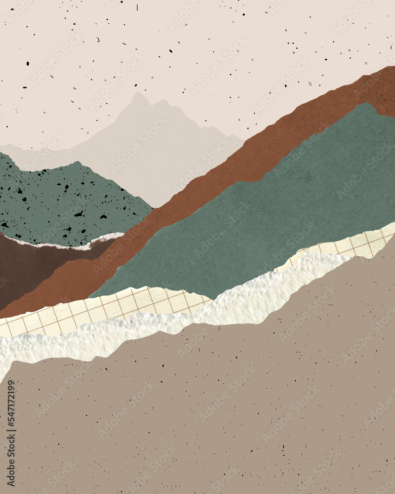 Abstract landscapes with torn deckled paper edges in earthy colors ...