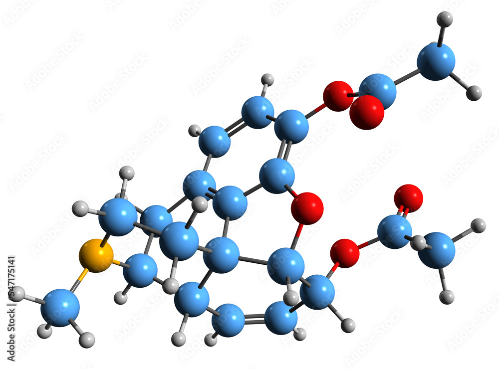 3D image of Heroin skeletal formula - molecular chemical structure of ...