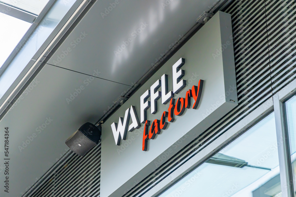 Waffle factory logo at the front of the fast food restaurant Stock ...