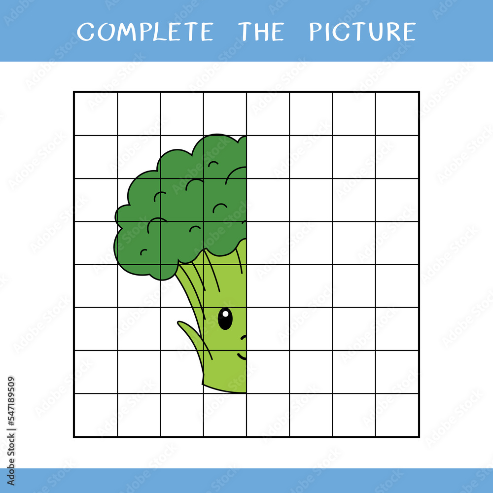 Complete the picture of cute broccoli. Simple educational game for kids ...