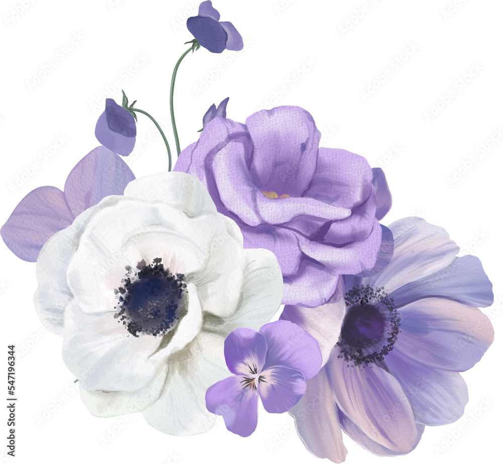 Watercolor floral bouquet illustration set. Violet, purple flowers ...
