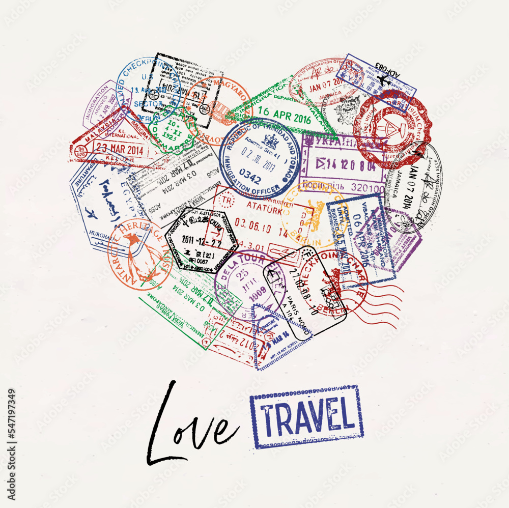 Heart made from a passport stamps different countries with lettering love travel poster style ...