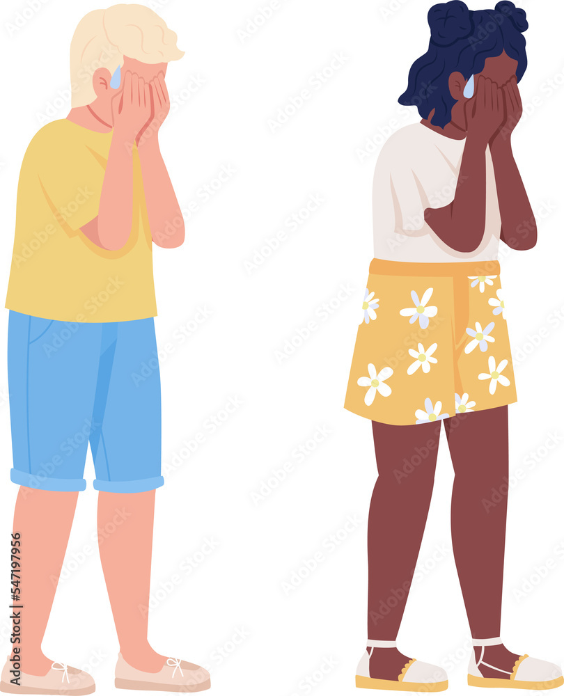 Crying kids semi flat color raster characters set. Standing figures ...