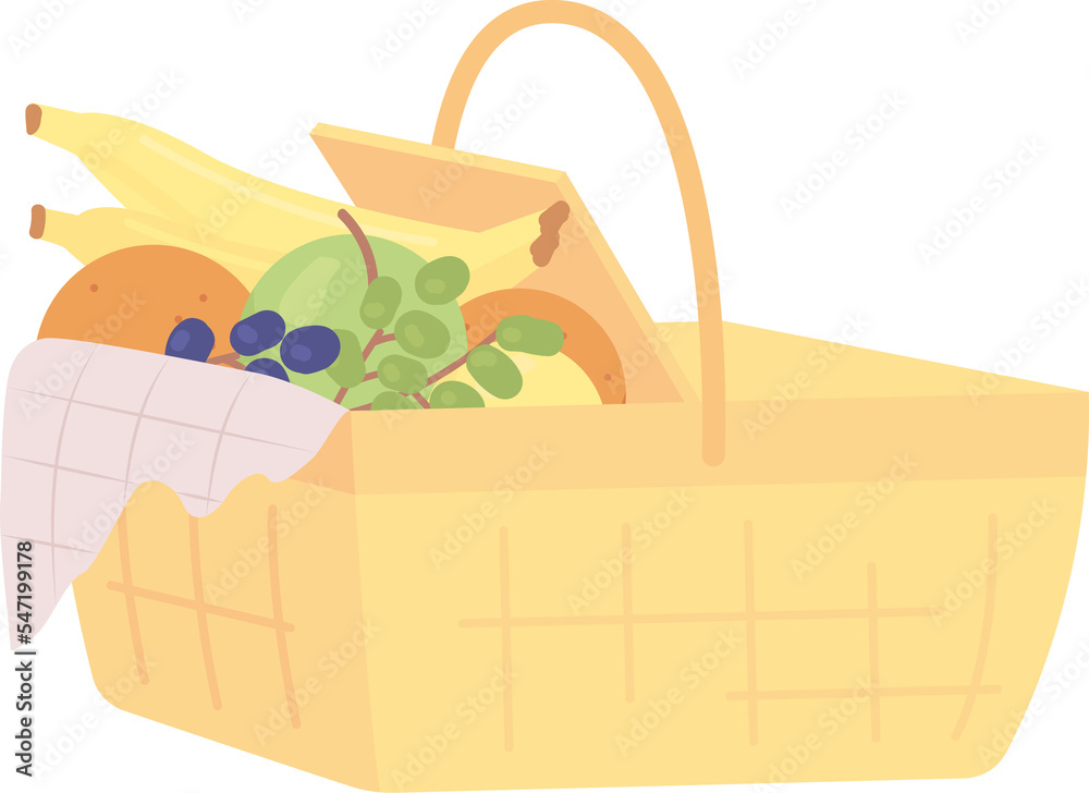 Picnic basket semi flat color raster object. Full sized item on white ...