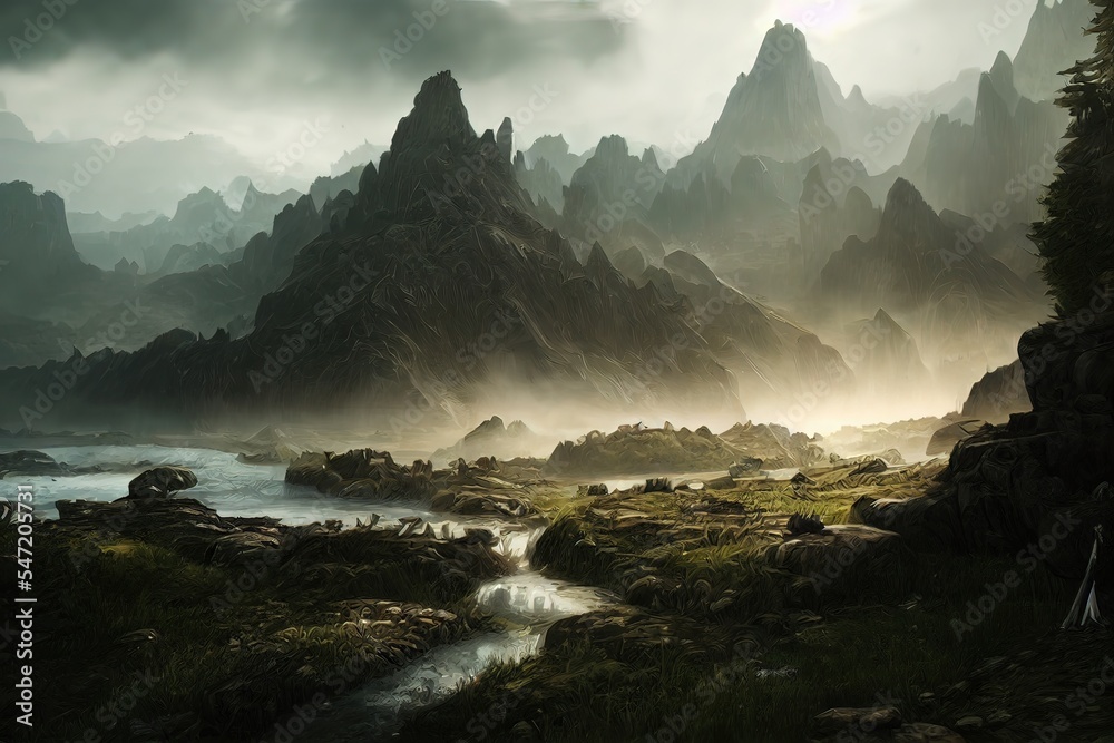 fantasy rock mountain waterfall in Norse Mythology, darkness Stock ...